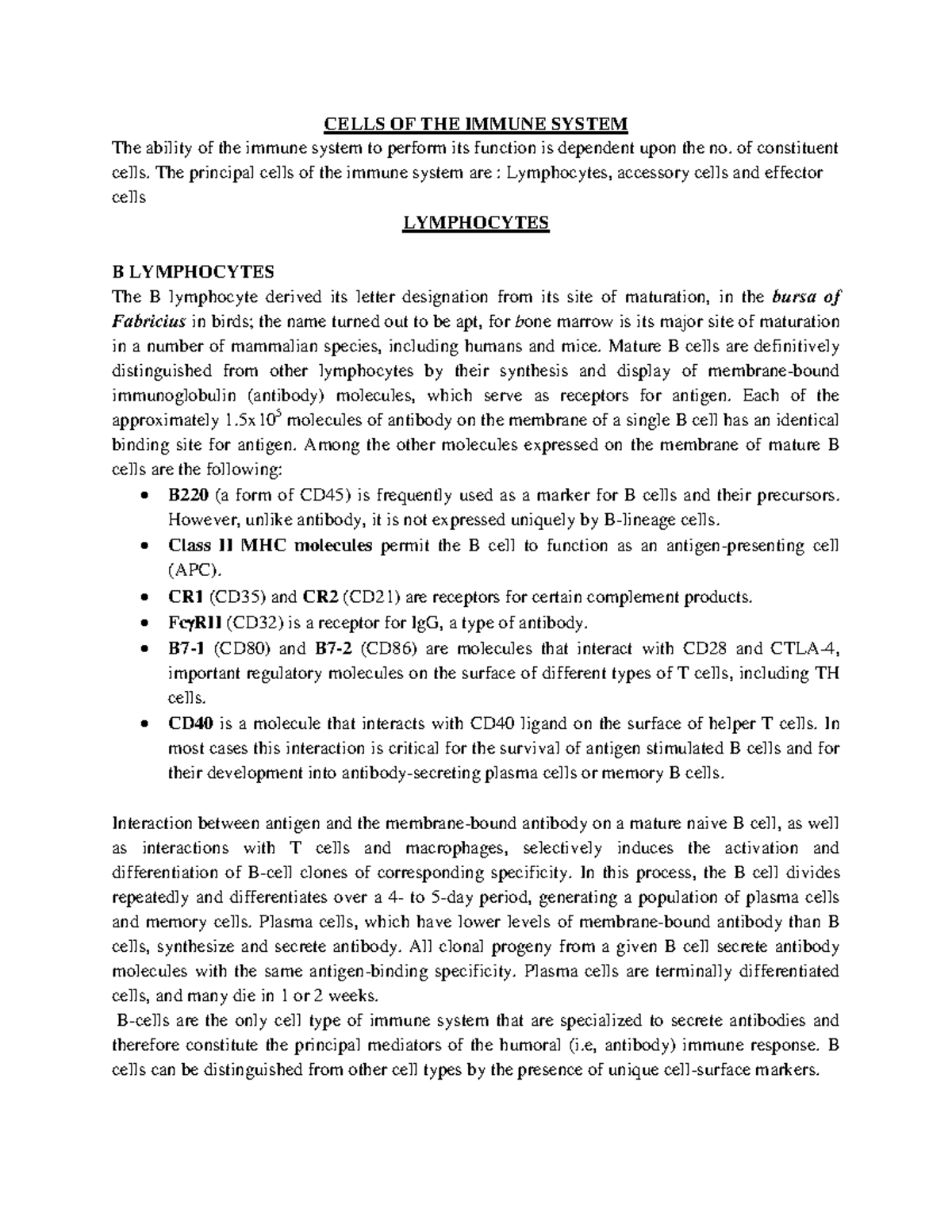 Biotechnology 2 - 4th semester Kashmir University - CELLS OF THE IMMUNE ...