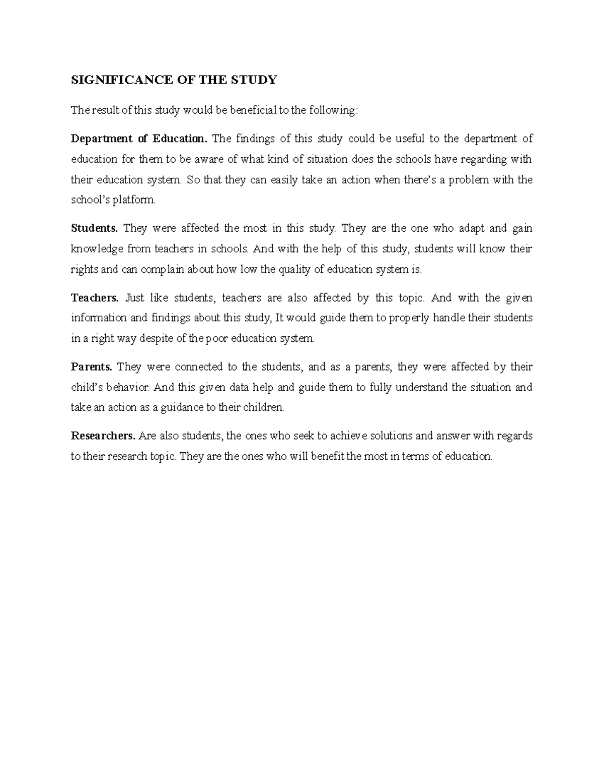 Significance OF THE Study - SIGNIFICANCE OF THE STUDY The result of ...