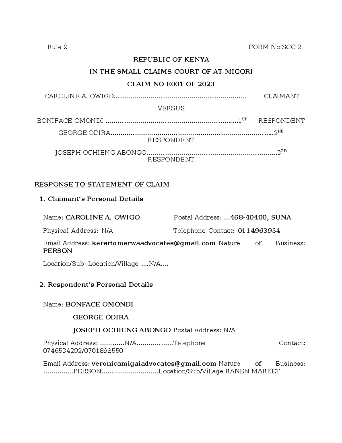 Small claims witness statement mogori E001 of 2023 - Rule 9 FORM No SCC ...