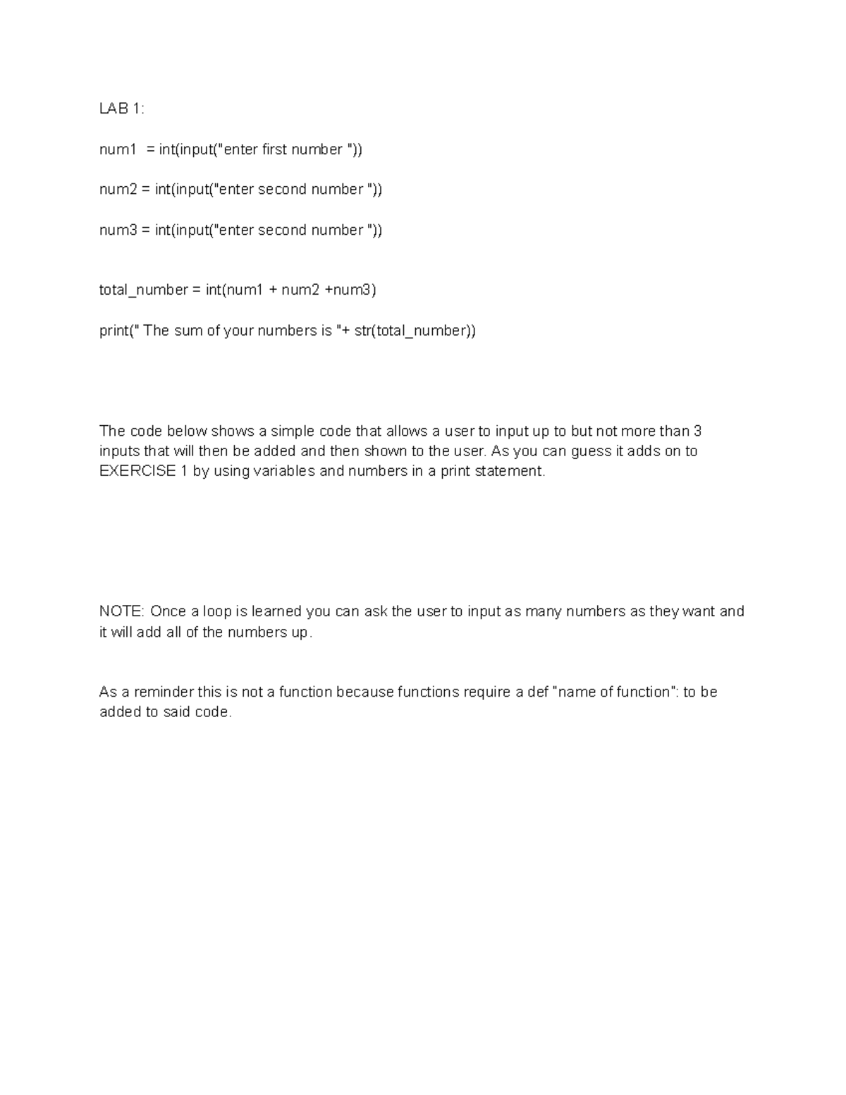 LAB 1 - An intro to asking a user for data and outputting that data - LAB 1: num1 = - Studocu