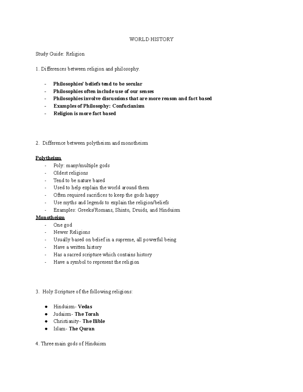 Study Guide religion - WORLD HISTORY Study Guide: Religion Differences ...