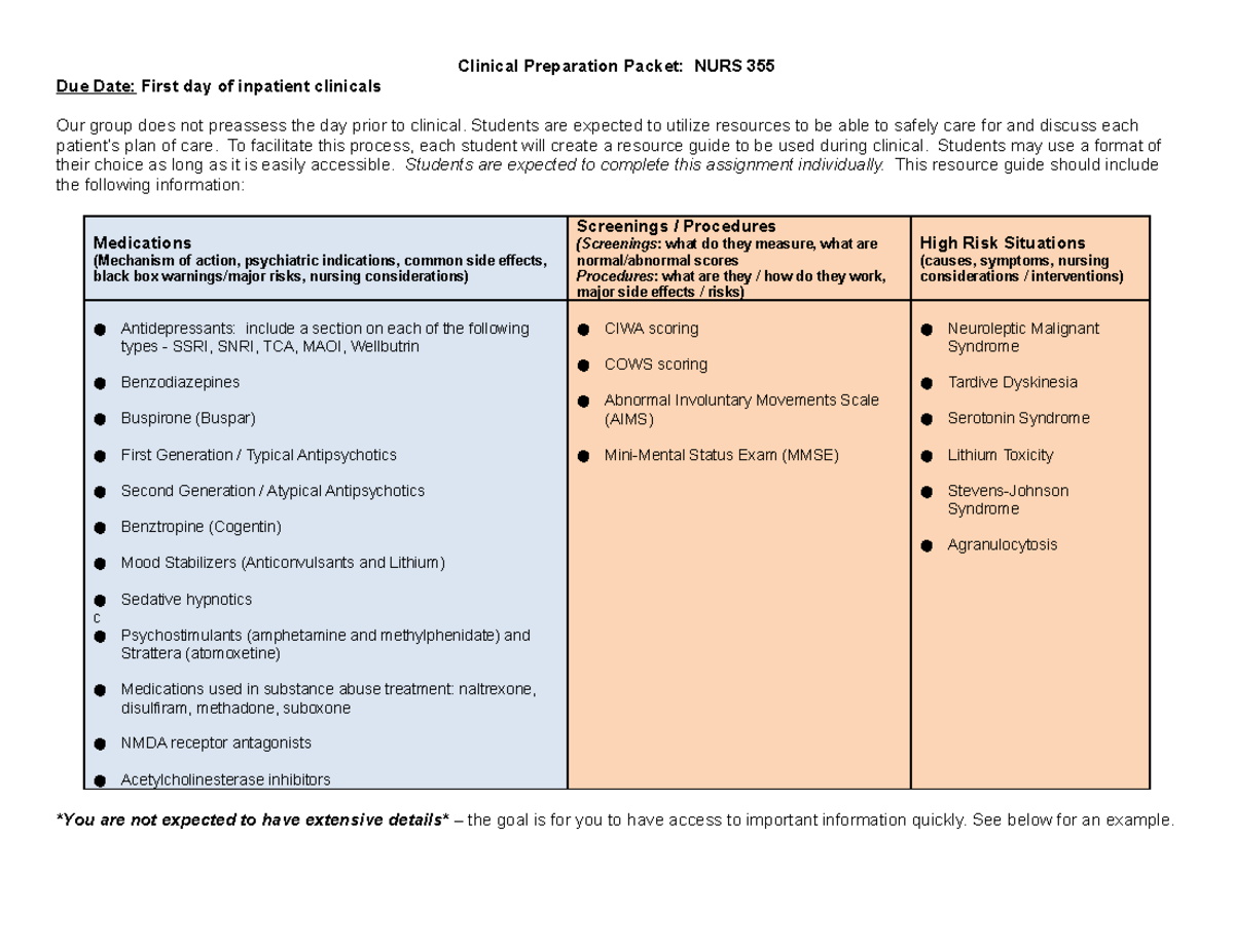 355 Clinical Prep Packet - Clinical Preparation Packet: NURS 355 Due ...