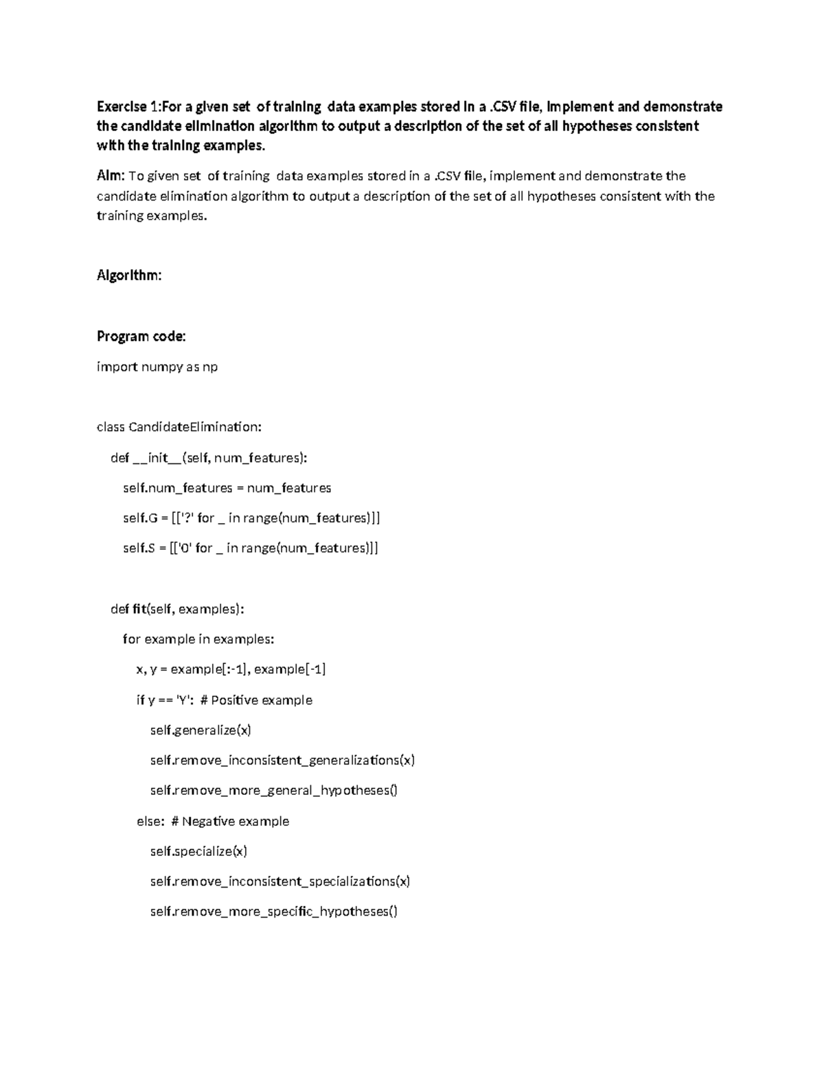 Machine Learning Lab Lab Programs Are Provided Exercise 1for A Given Set Of Training Data