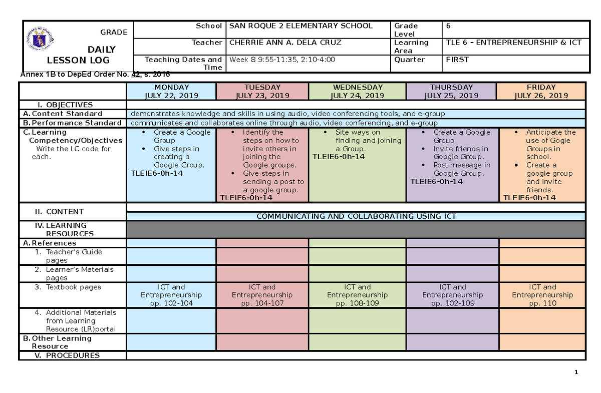DLL TLE-ICT WEEK 8 - dll from - GRADE 1 to 12 DAILY LESSON LOG School SAN ROQUE 2 ELEMENTARY ...