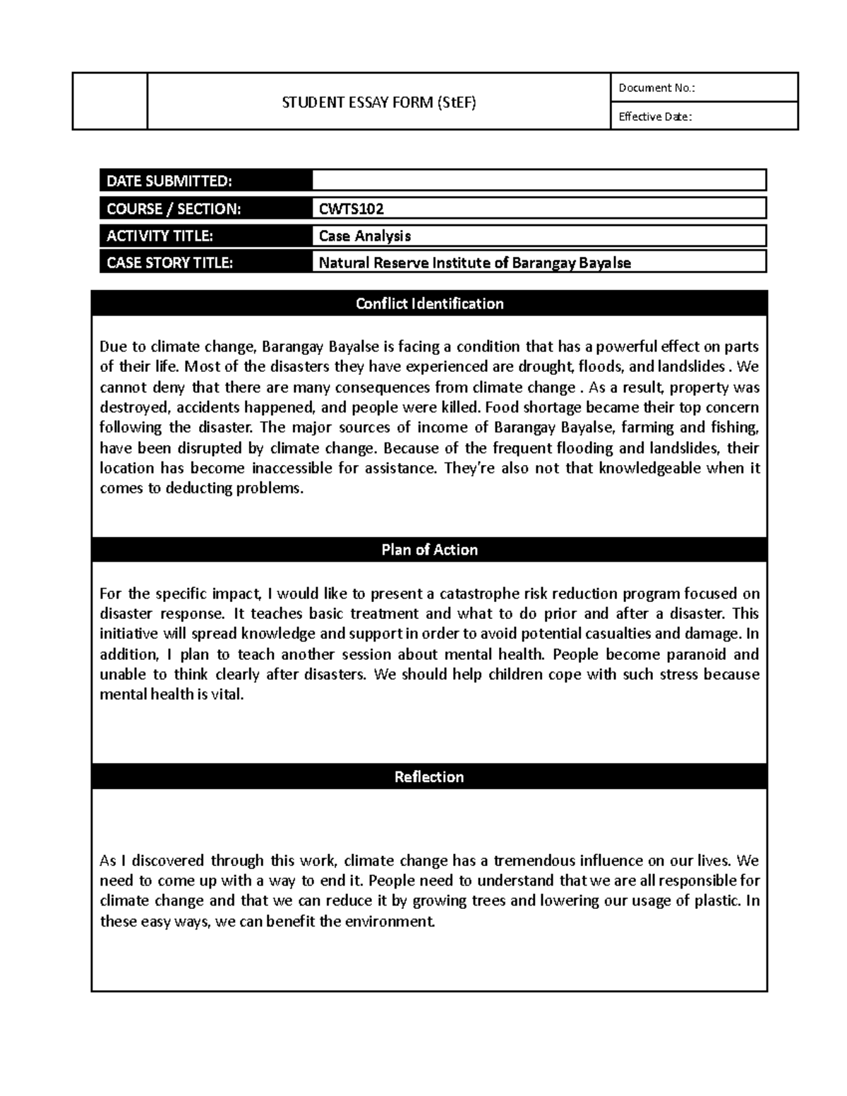 Form - Case analysis Essay Natural Reserve Institute of Barangay ...