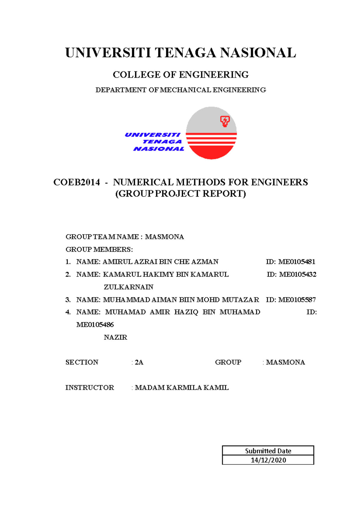 Report project numec - UNIVERSITI TENAGA NASIONAL COLLEGE OF ...