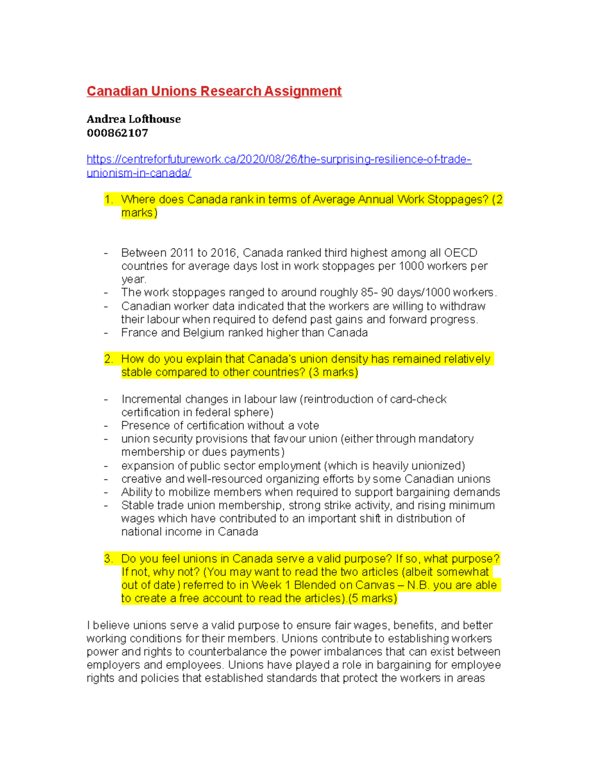 Canadian Unions Assignment - Canadian Unions Research Assignment Andrea ...