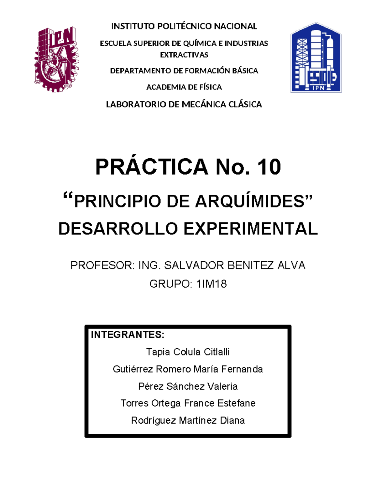 Practica 10 Mecanica completa - PRÁCTICA No. 10 “PRINCIPIO DE ARQUÍMIDES” DESARROLLO ...