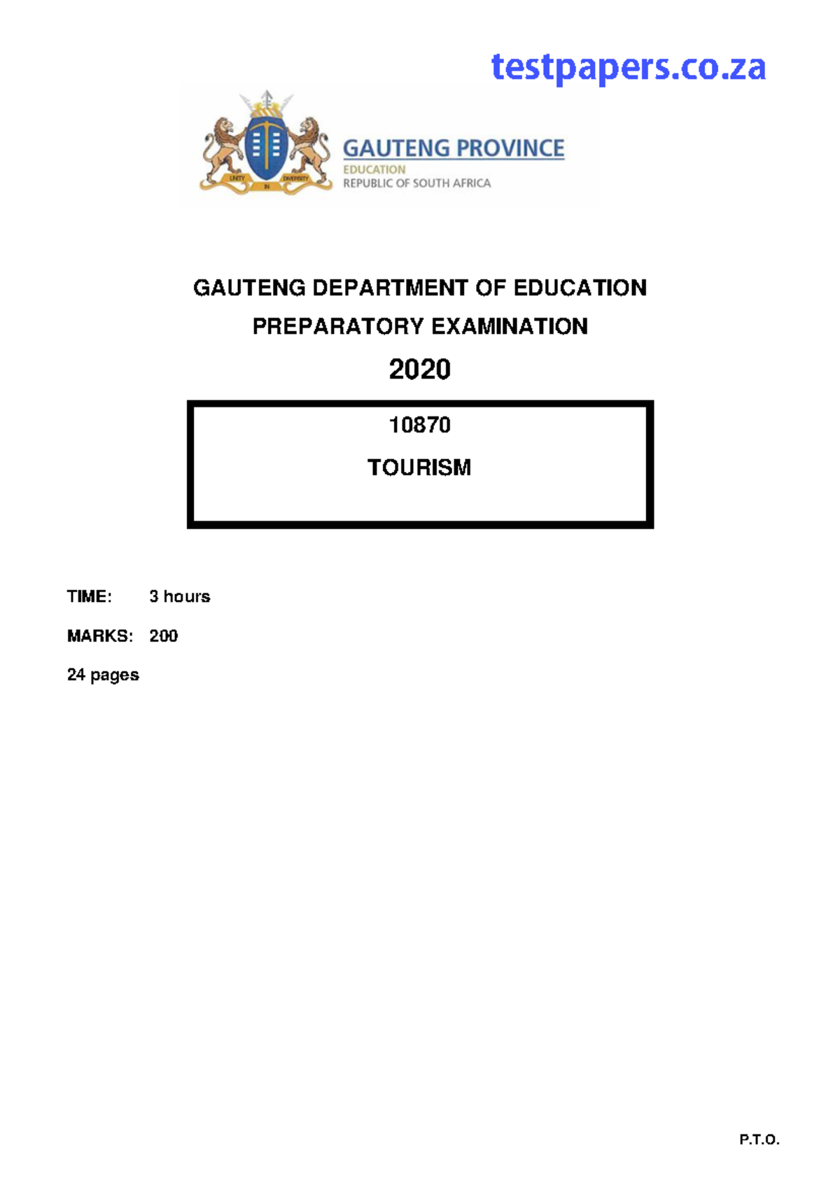 Grade 12 NSC Tourism (English) 2020 Preparatory Question Paper - GAUTENG DEPARTMENT OF EDUCATION ...