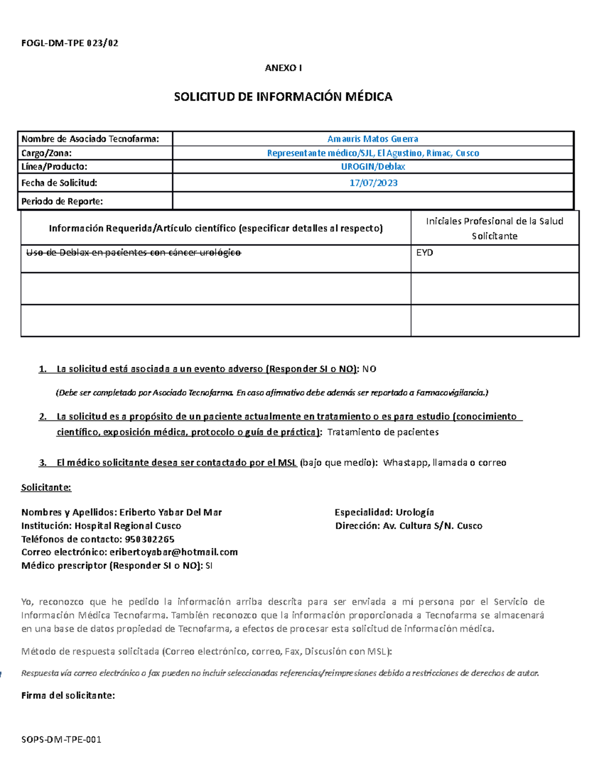 Formato Solicitud Información Médica - FOGL-DM-TPE 023/ ANEXO I ...