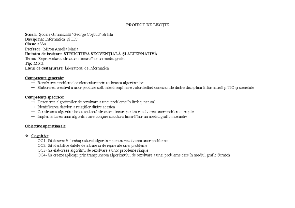 Proiect lectie structura liniara in Scratch - PROIECT DE LECŢIE Şcoala ...