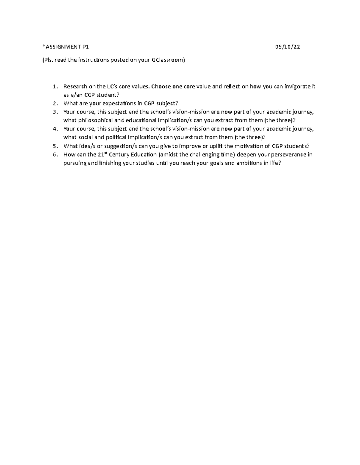 Assignment P1- CGP - ... - *ASSIGNMENT P1 09/10/ (Pls. read the instructions posted on your ...