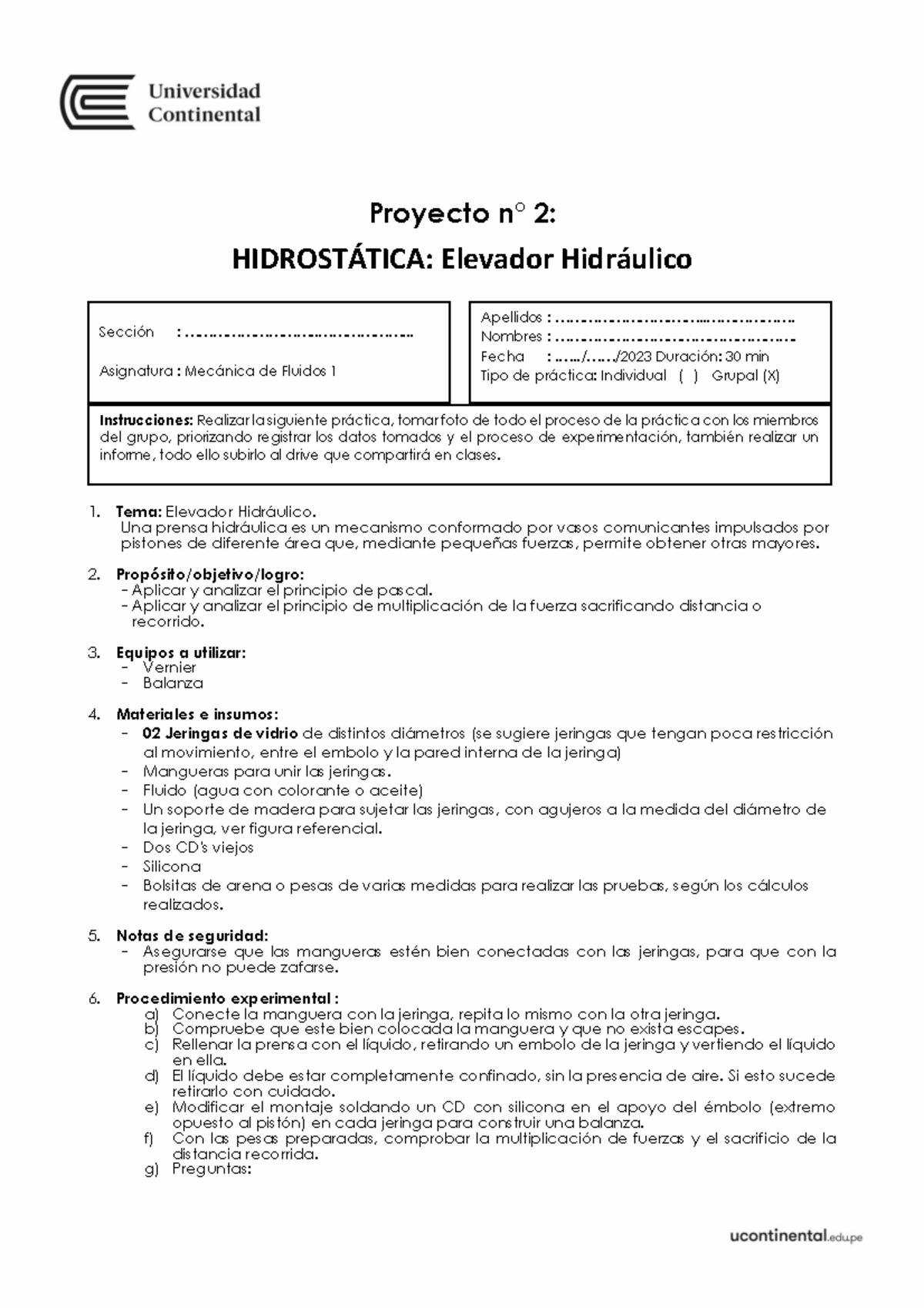 GUÍA Proyecto 02-Elevador Hidráulico - Proyecto n∞ 2: HIDROST¡TICA ...
