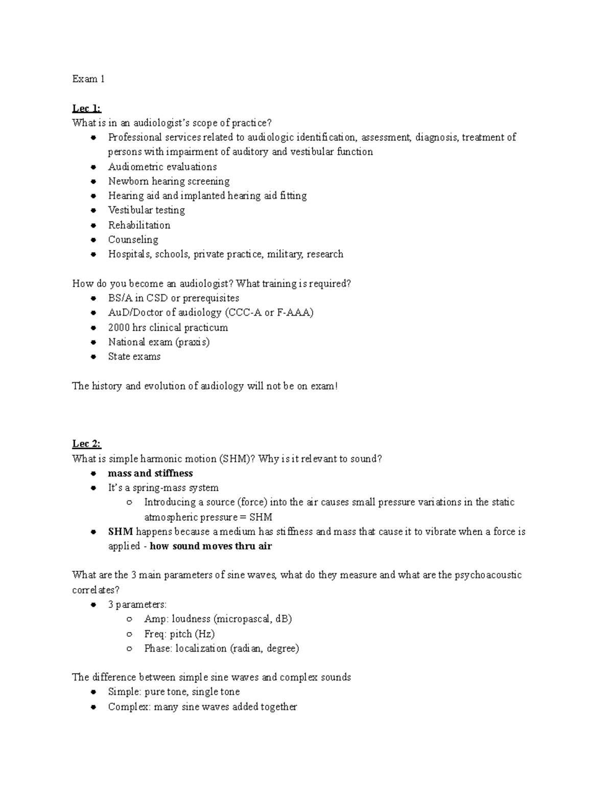 320 Study Guide 1 - Exam 1 Lec 1: What is in an audiologist’s scope of ...