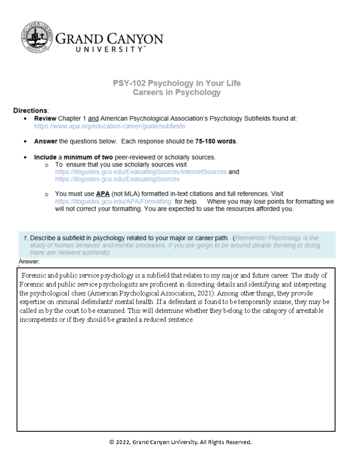 Careers in Psychology template - © 2022. Grand Canyon University. All ...