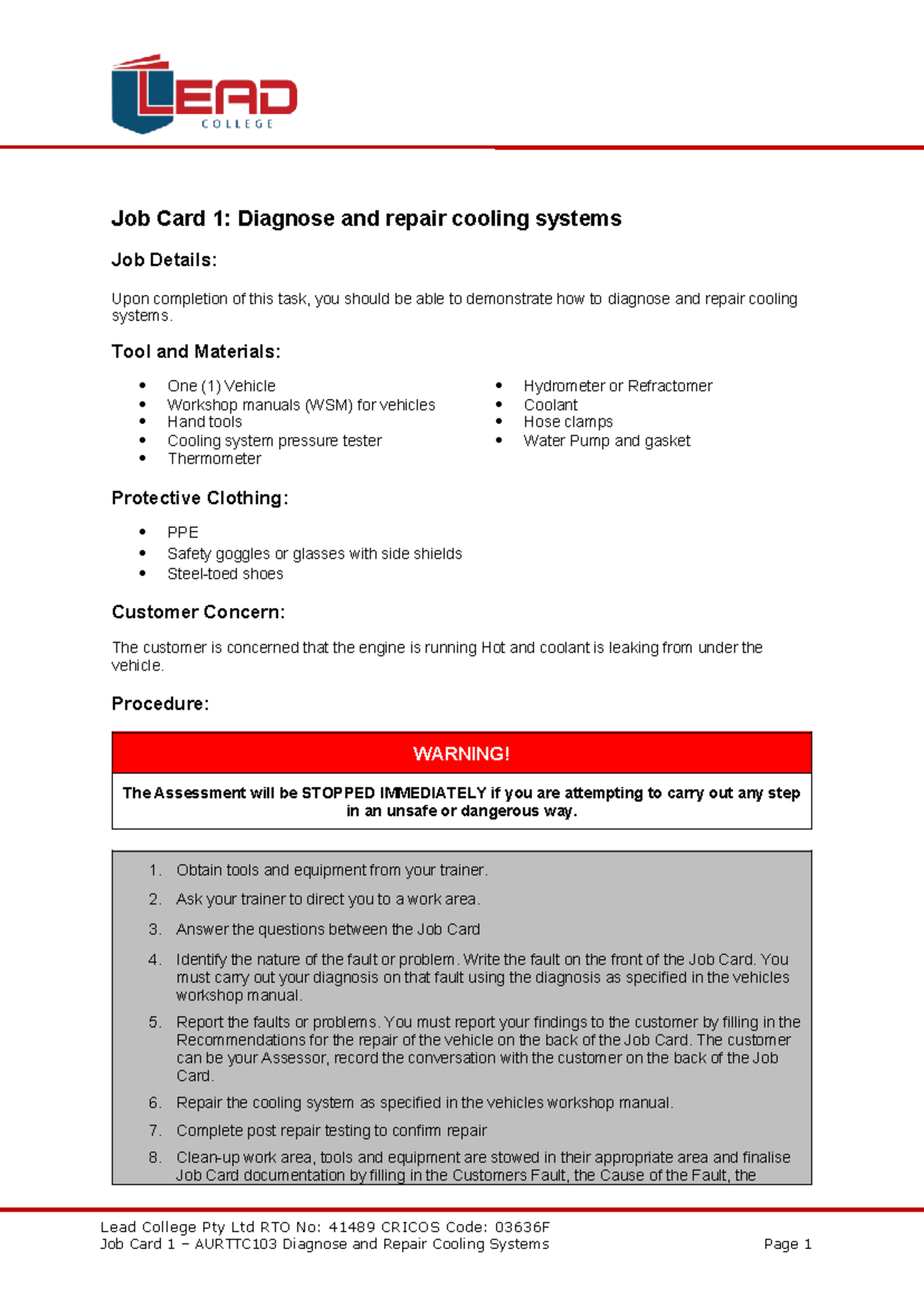 Job Card 1 - AURTTR101 - Job Card 1: Diagnose and repair cooling ...