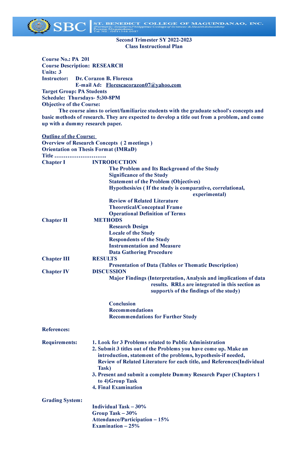 Research Format - Second Trimester SY 2022- Class Instructional Plan ...