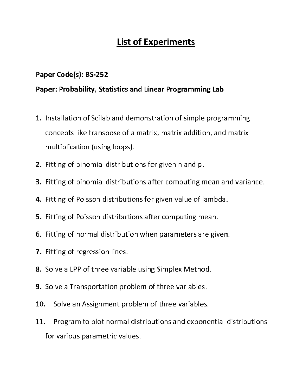 List of Experiments - List of Experiments Paper Code(s): BS- Paper ...