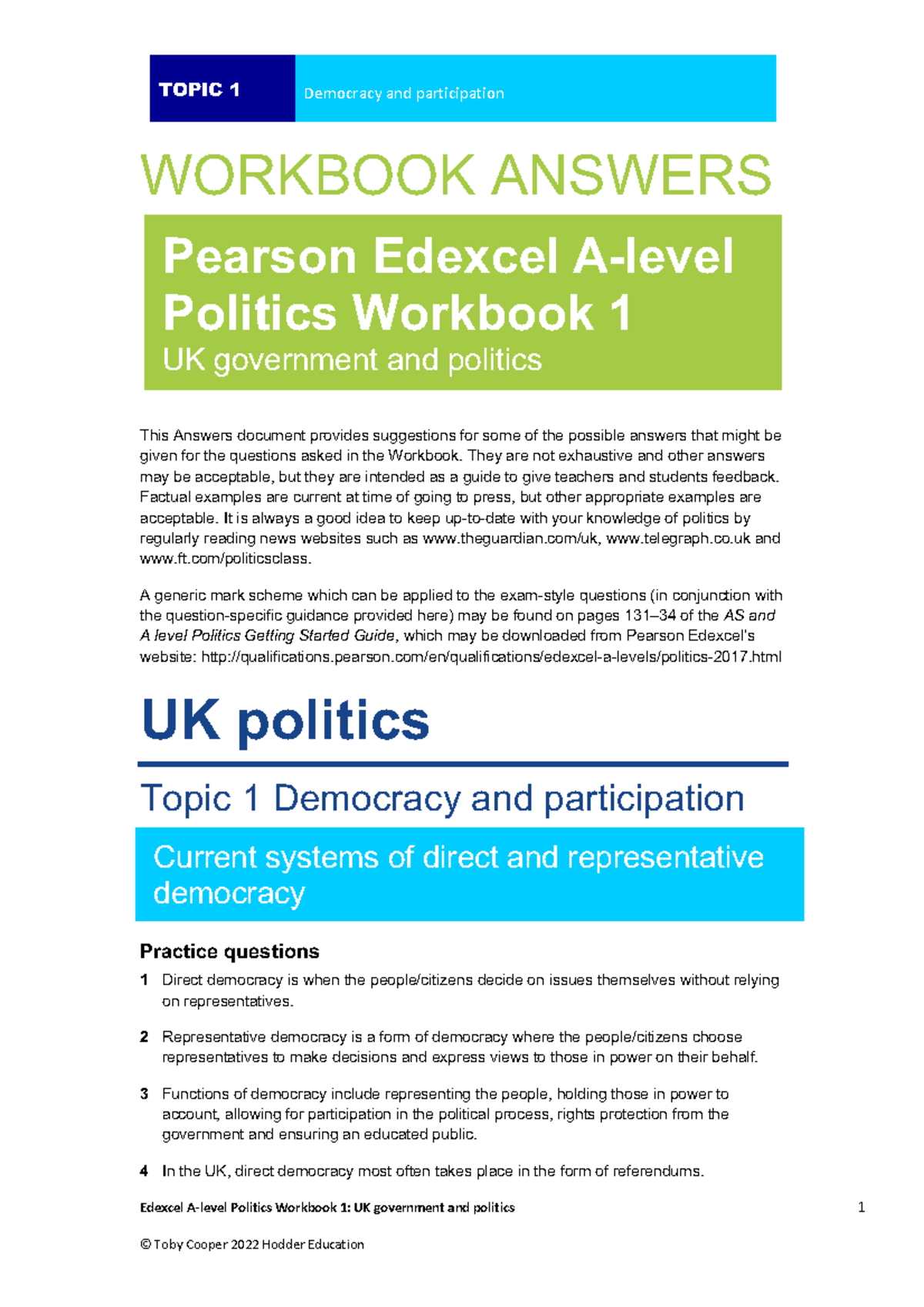 Pearson-Edexcel-Politics-1 UK gov and pol workbookanswers - TOPIC 1 ...