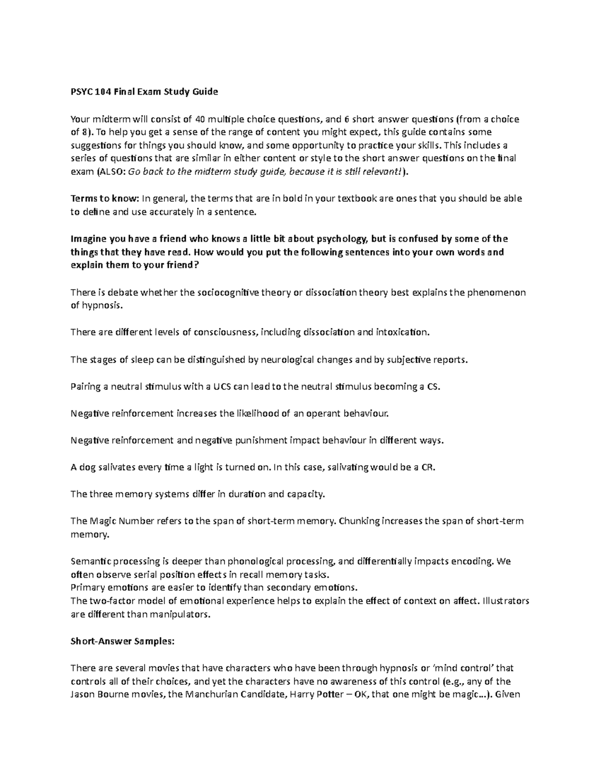 PSYC 104 - Final Exam Study Guide - PSYC 104 Final Exam Study Guide ...