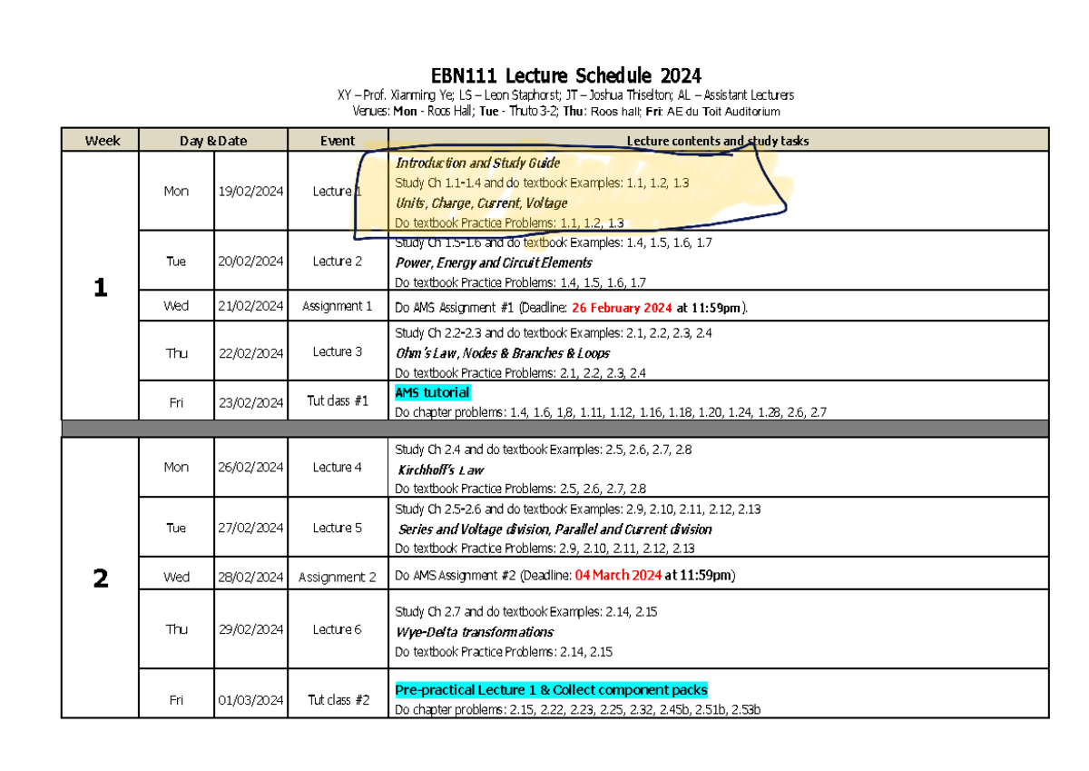 EBN111 Lecture Schedule 2024 v1 - Xianming Ye; LS – Leon Staphorst; JT ...