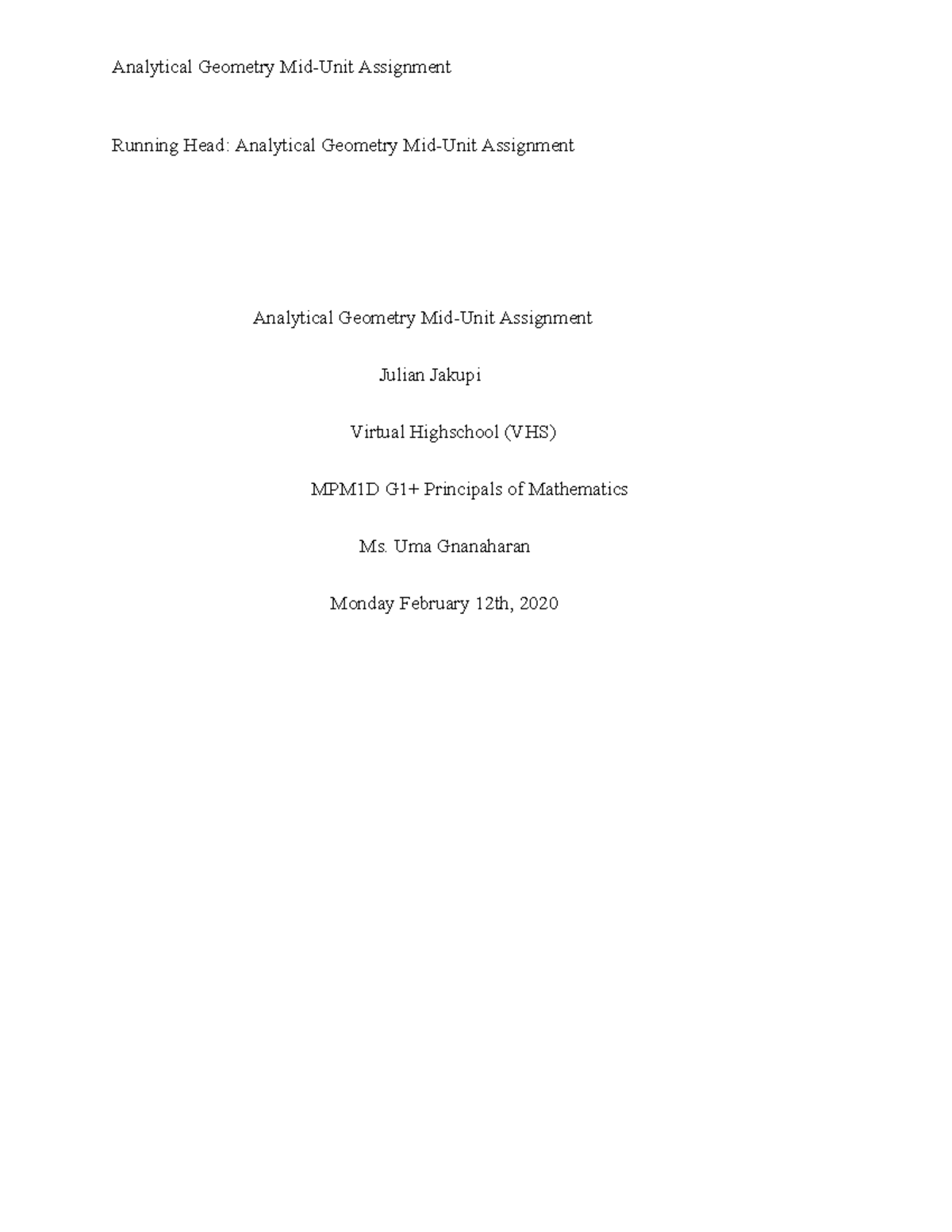 Analytical Geometery mid - Assignment - Analytical Geometry Mid-Unit Assignment Running Head ...