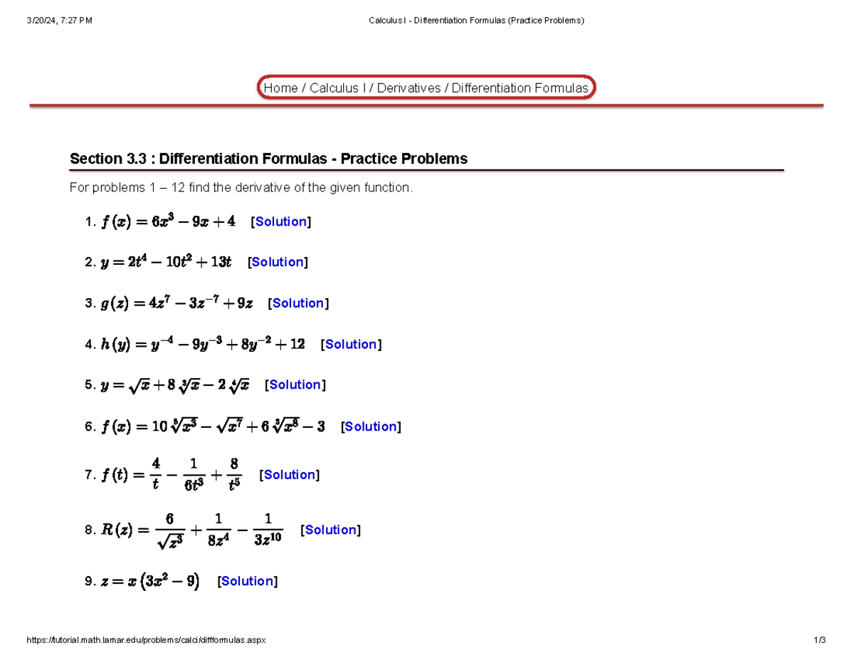Calculus I - Differentiation Formulas (Practice Problems) - - Studocu
