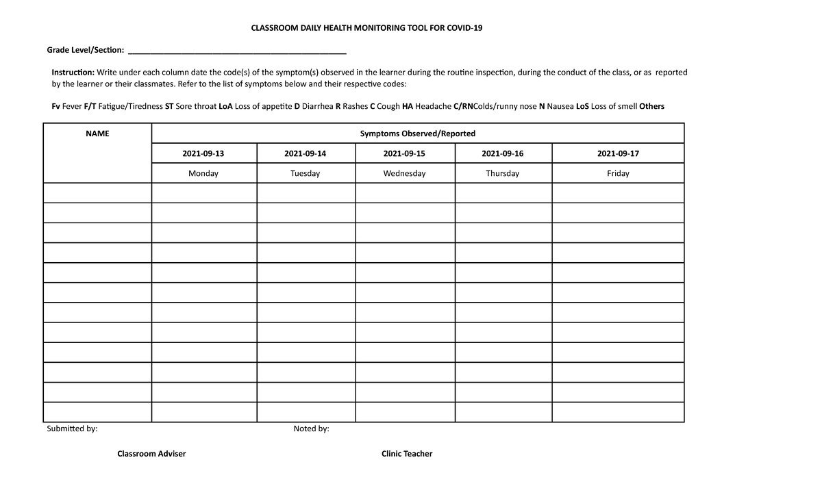 Classroom Daily Health Monitori - CLASSROOM DAILY HEALTH MONITORING ...