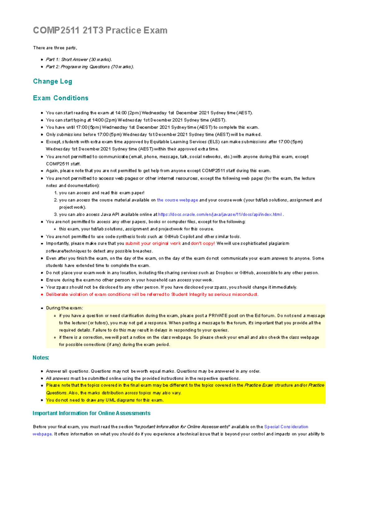COMP2511 Practice Exam (21T3) - COMP2511 21T3 Practice Exam There are three parts, Part 1: Short ...