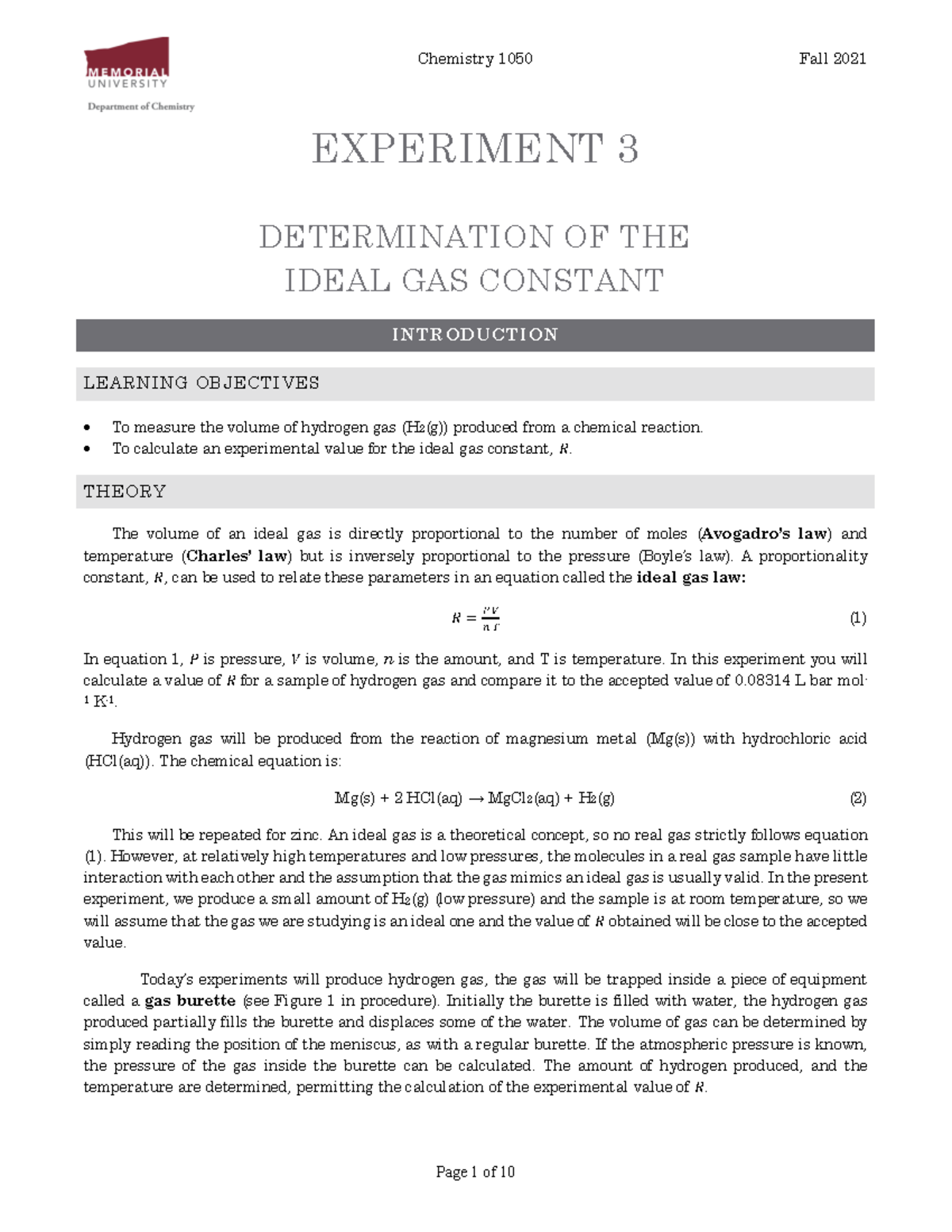 1050 Exp 3 R Gas Outline F2021 01-2 - EXPERIMENT 3 DETERMINATION OF THE ...