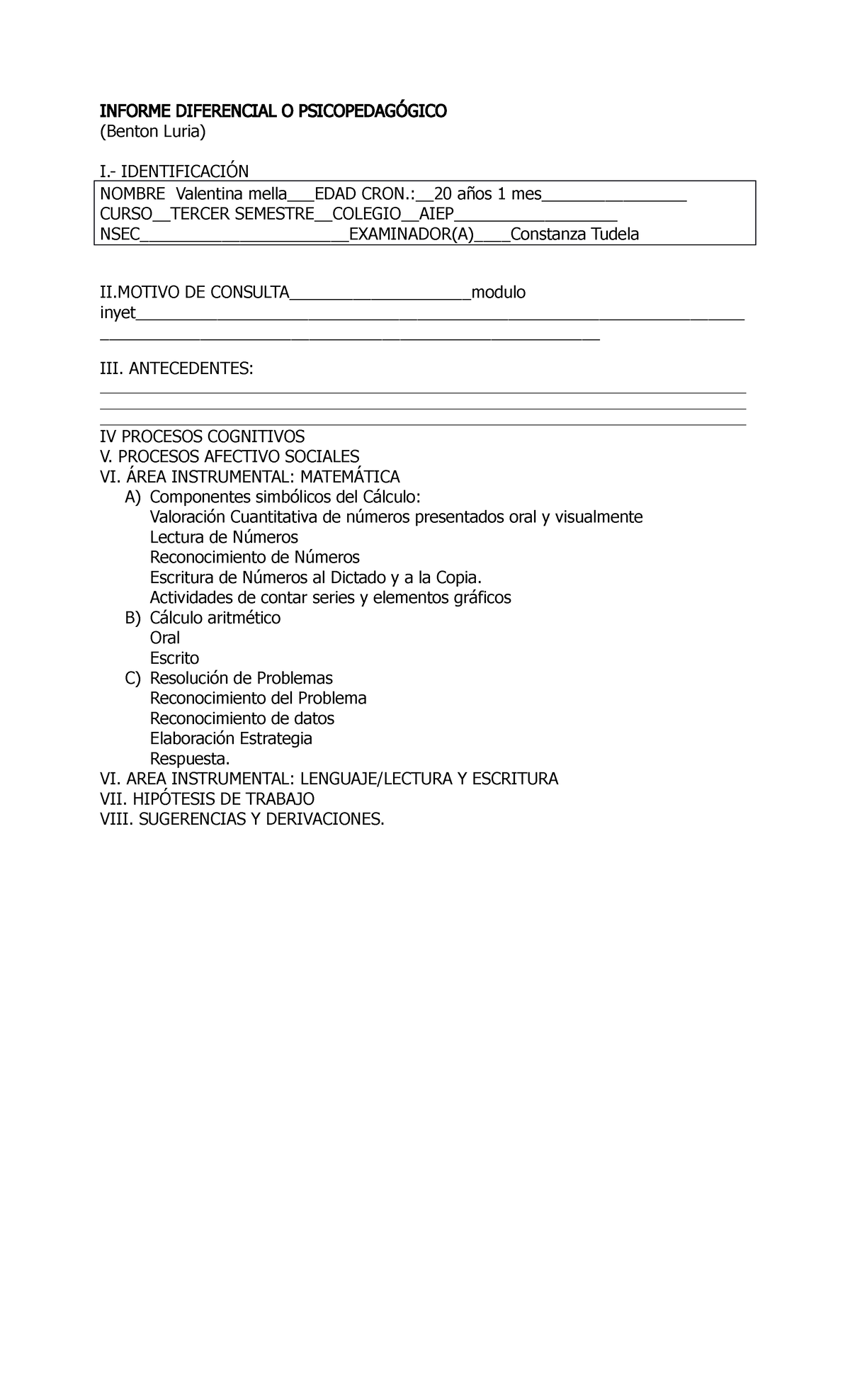 Prueba de Conocimiento Matemático de Benton Y Luria - INFORME ...