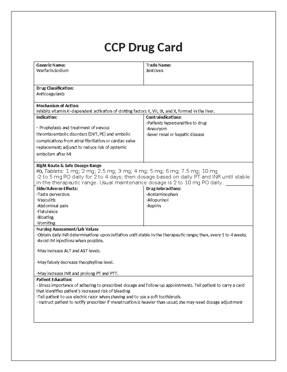 CCP Drug Card- Warfarin - CCP Drug Card Generic Name: Warfarin Sodium ...