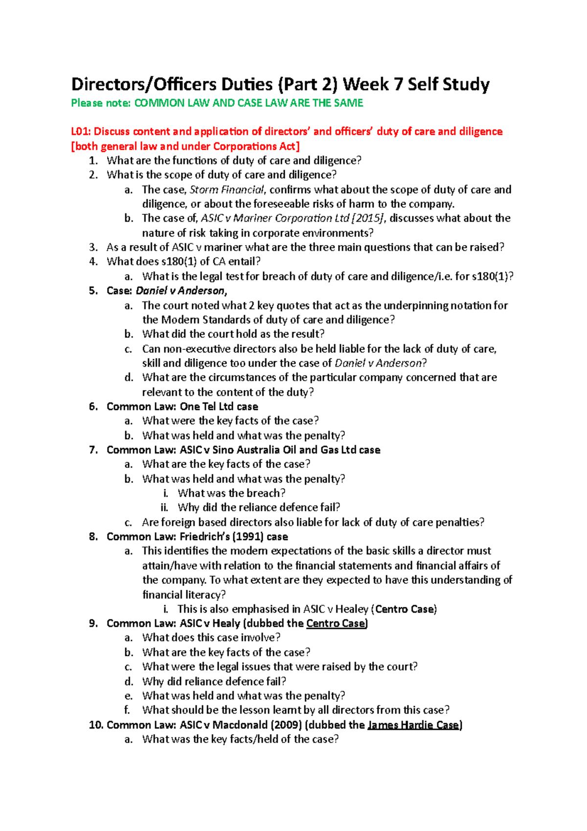 Week 7 Self Study - Topic 5 - Directors Duty of Care and Diligence ...