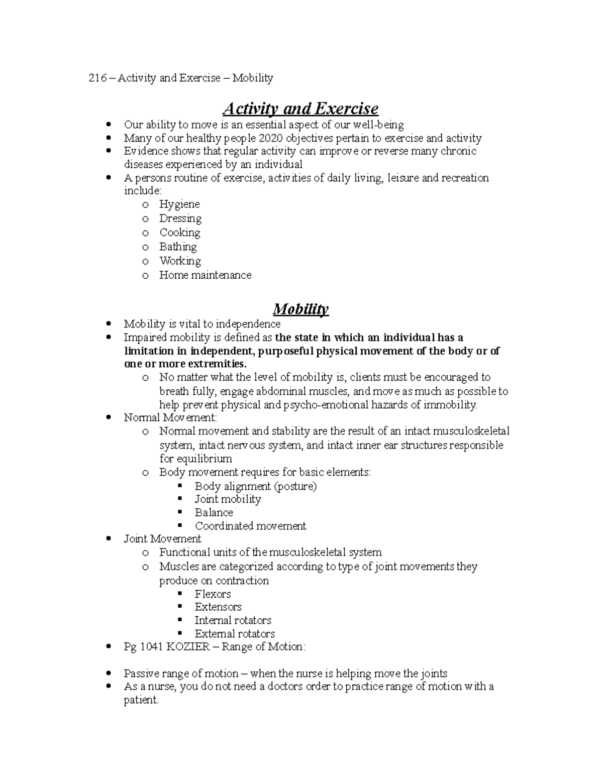 216 – Activity and Exercise – Mobility - 216 – Activity and Exercise ...