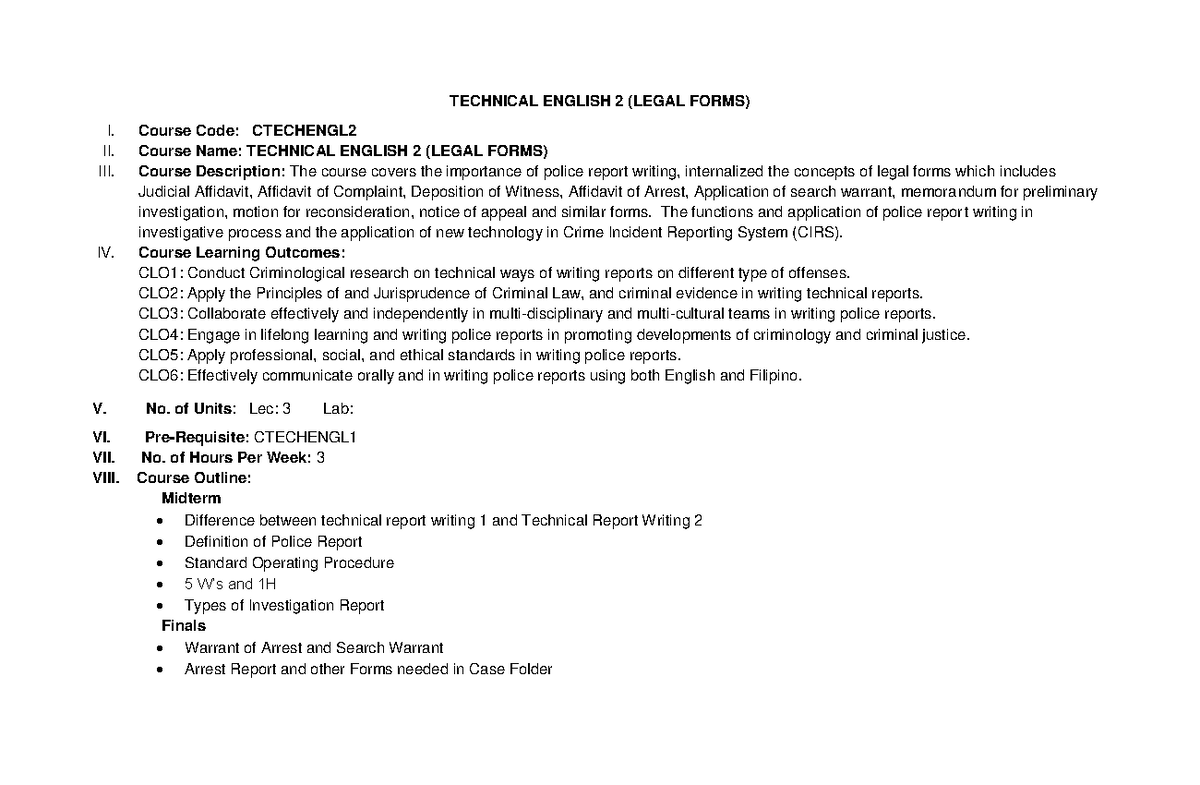 Ctechengl 2 - Lectures - TECHNICAL ENGLISH 2 (LEGAL FORMS) I. Course ...