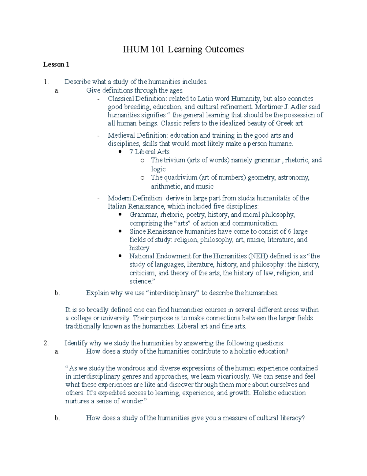 IHUM 101 Learning Outcomes - IHUM 101 Learning Outcomes Lesson 1 ...
