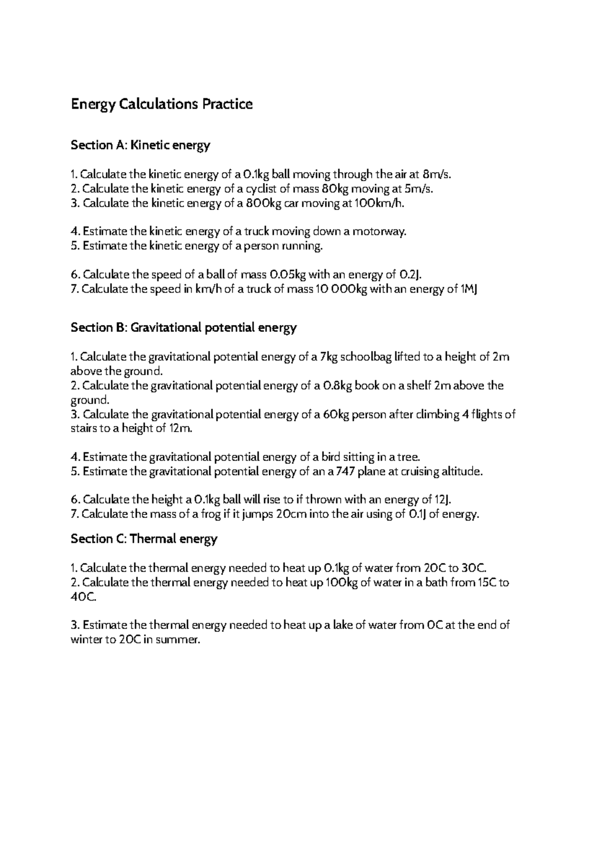 Copy of Energy Calculations Practice - Energy Calculations Practice ...