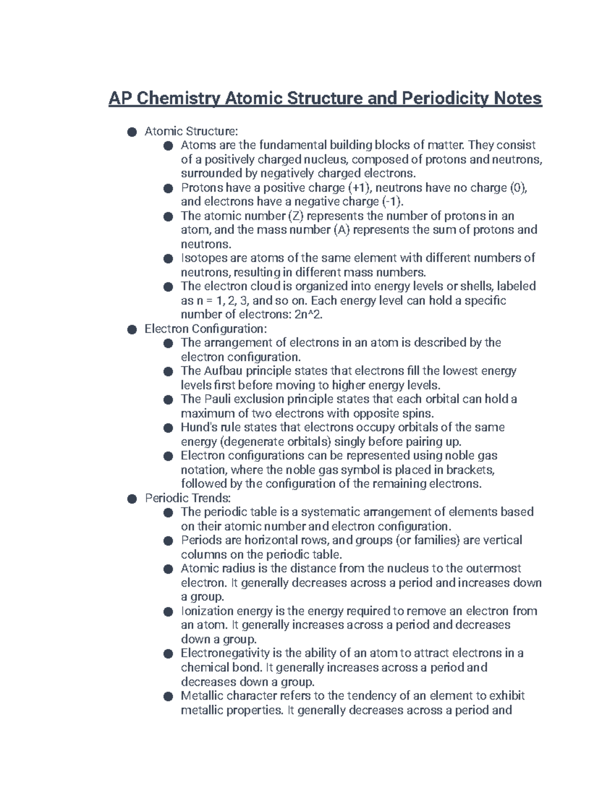 AP Chemistry Atomic Structure and Periodicity Notes - They consist of a ...