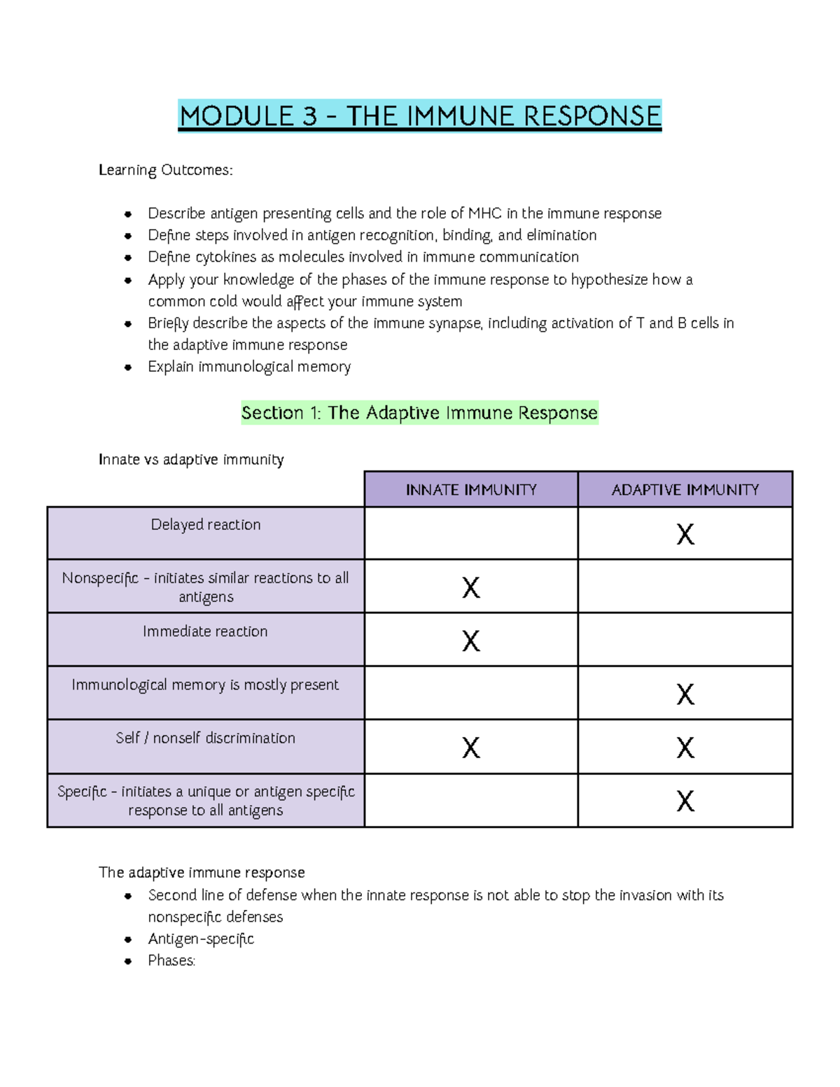 MICR 270 - Module 3 Notes - MODULE 3 - THE IMMUNE RESPONSE Learning ...