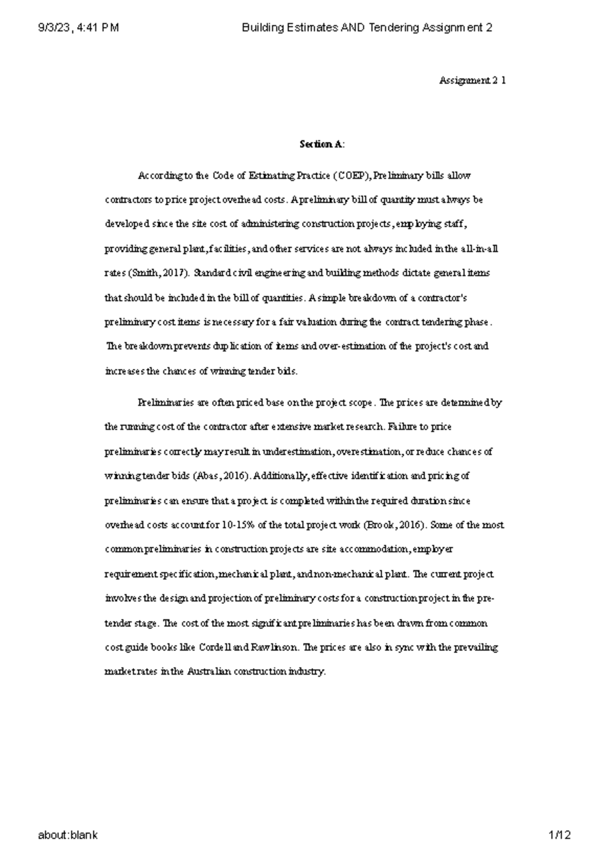 Building Estimates AND Tendering Assignment 2 - Assignment 2 1 Section ...
