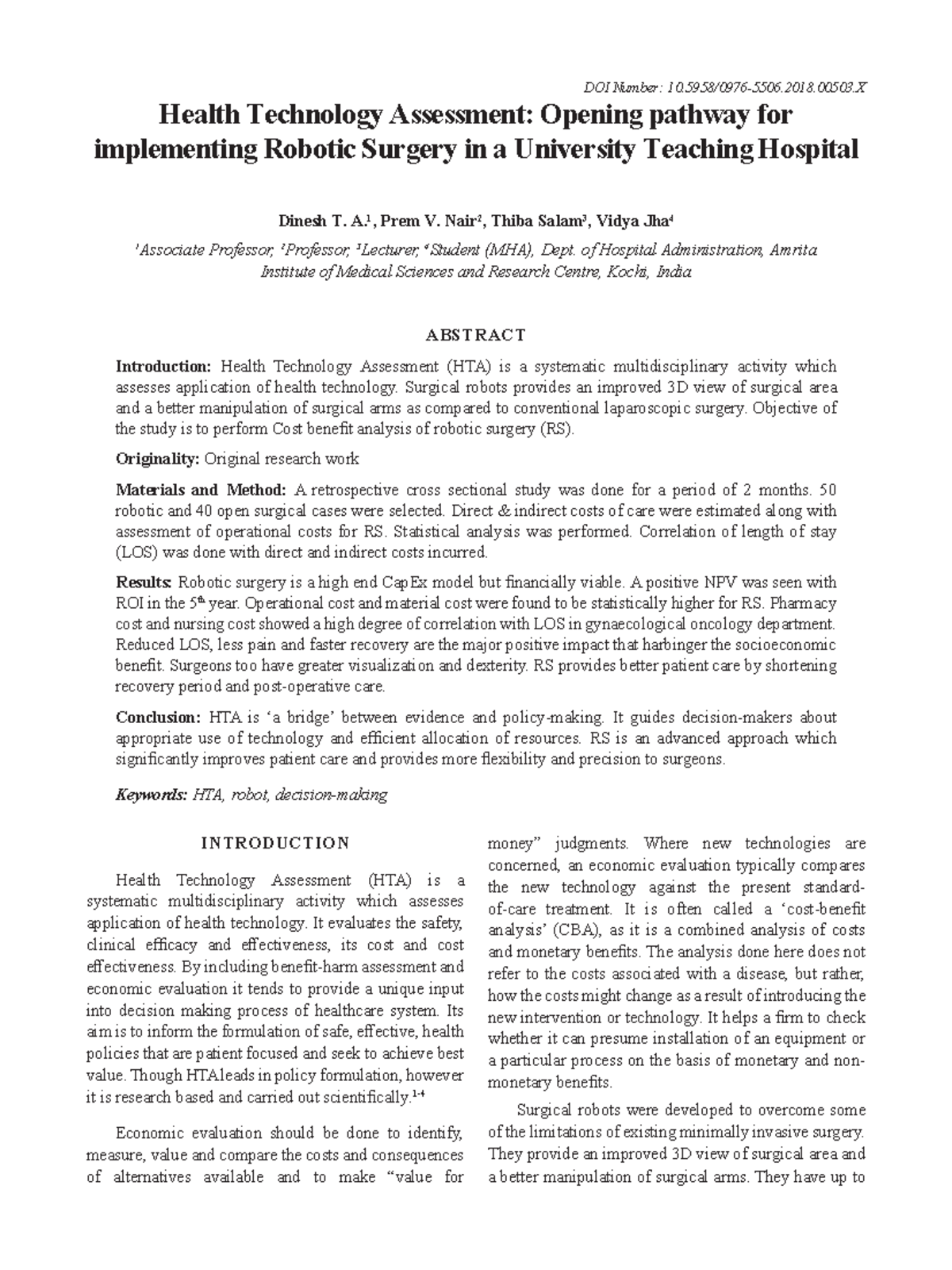 Health Technology Assessment: Opening pathway for implementing Robotic ...