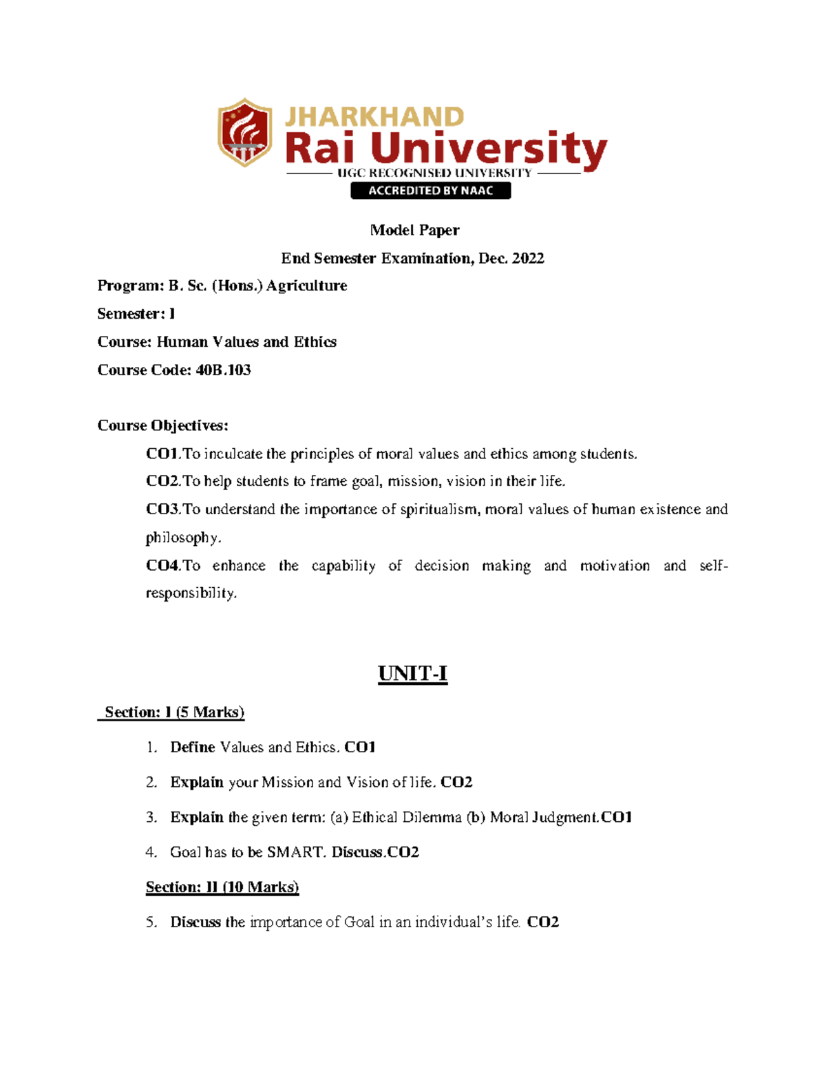 Human Values and Ethics - Model Paper End Semester Examination, Dec ...