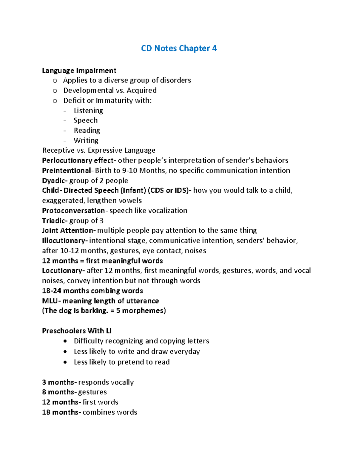 CD 225 Notes Chapter 4 - CD Notes Chapter 4 Language Impairment o ...
