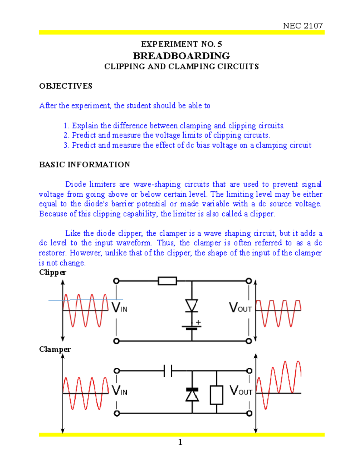 NEC 2107 - EXPT NO 5 - Breadboarding - Clipper and Clamper - EXPERIMENT ...