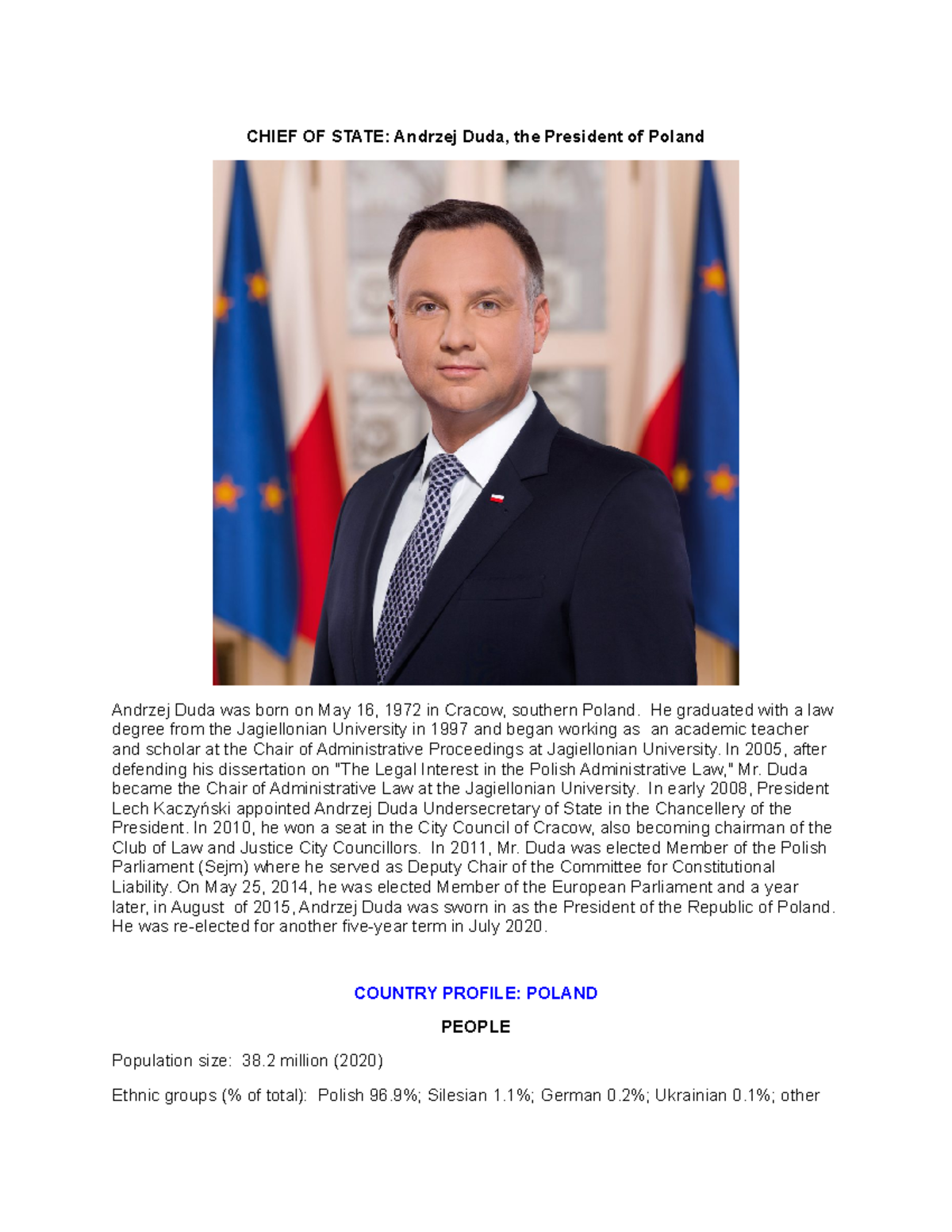 Chief OF State Assignment - CHIEF OF STATE: Andrzej Duda, the President ...
