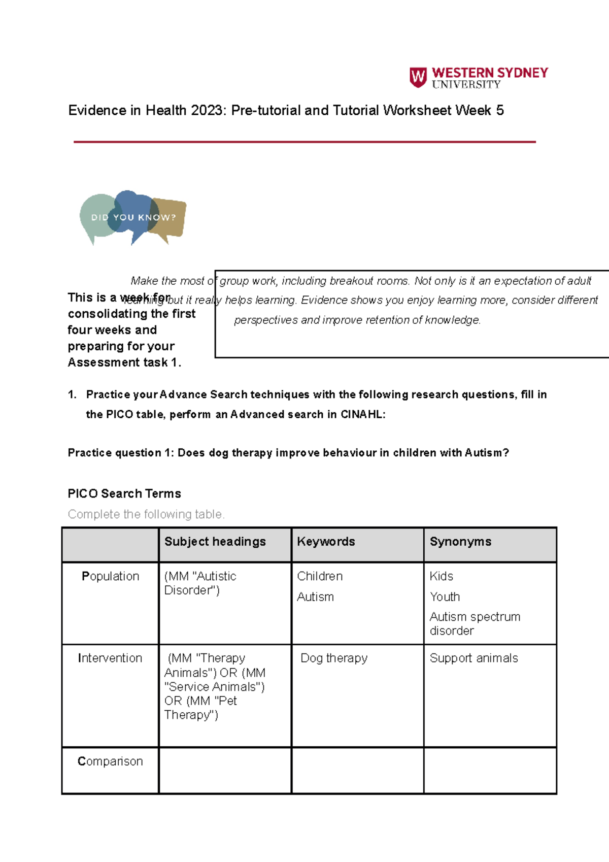 Eih Pre Tutorial Week 05 Evidence In Health 2023 Pre Tutorial And Tutorial Worksheet Week 5 