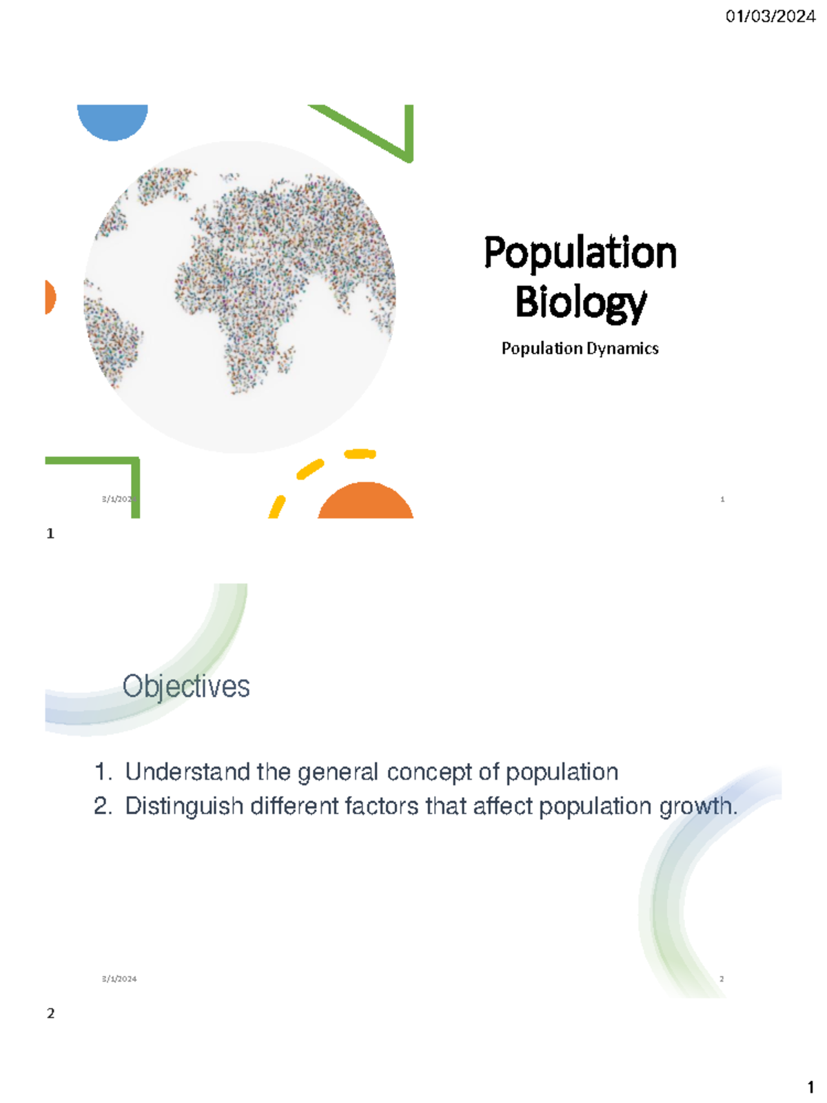 GE ENV 101- Population Biology - Population Biology Population Dynamics ...