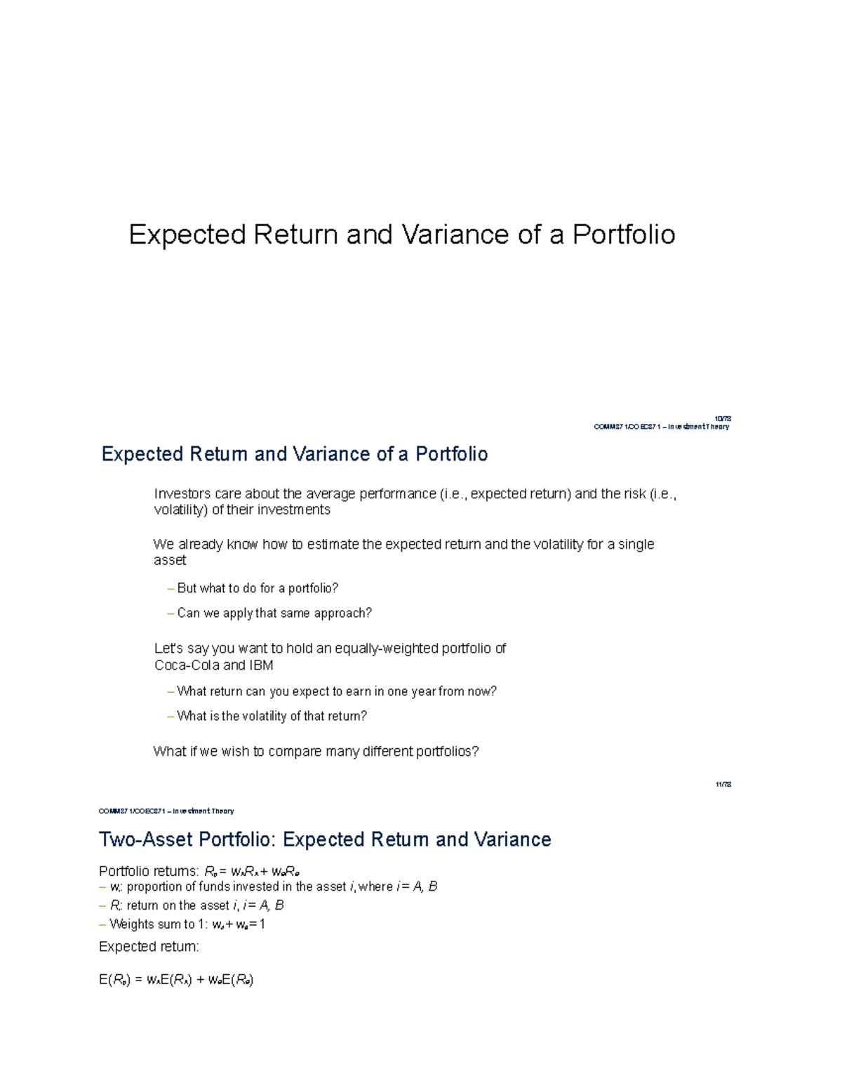 Expected Return and Variance of a Portfolio - Expected Return and ...