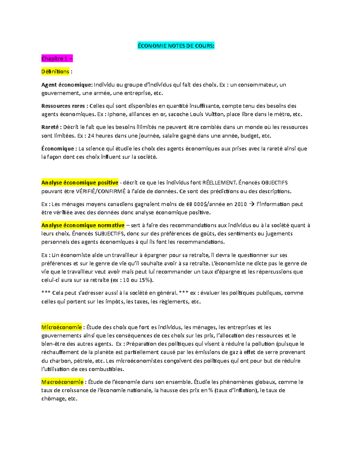 Économie Notes DE Cours - ÉCONOMIE NOTES DE COURS: Chapitre 1 ...
