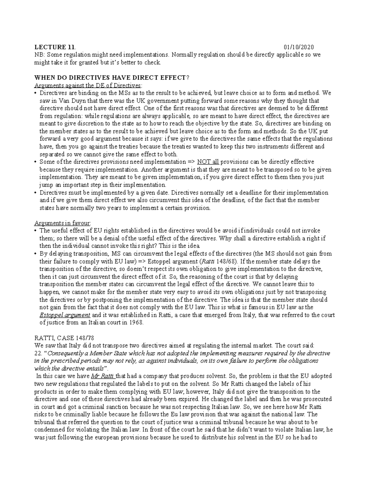 Directives having direct effect - LECTURE 11. 01/10/ NB: Some ...